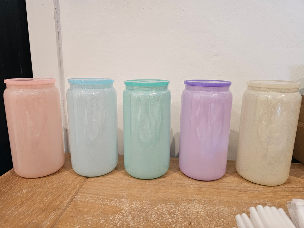 16oz Holographic Sublimation Libbey Glass cans plastic lids – Prestige ...